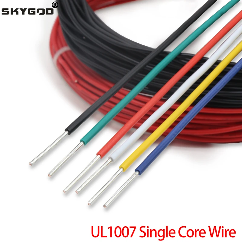 5/10/20M UL1007 PVC Tinned Copper Single Core Wire Cable Line 14/16/18/20/22/24/26 AWG Black ...