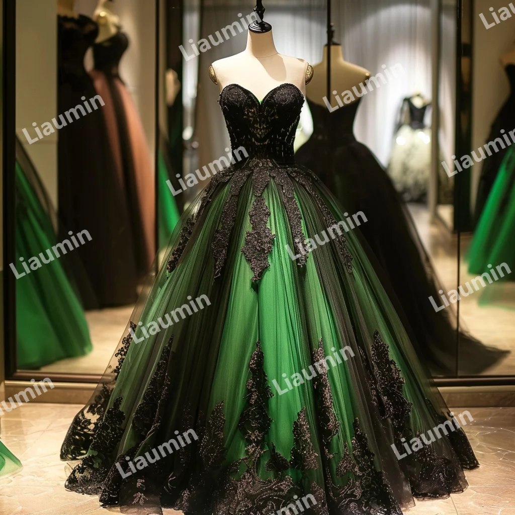 Green-Tulle-Black-Lace-Applique-Strapless-Ball-Gown-Prom-Formal-Dresses-Evening-Party-Lace-Up ...