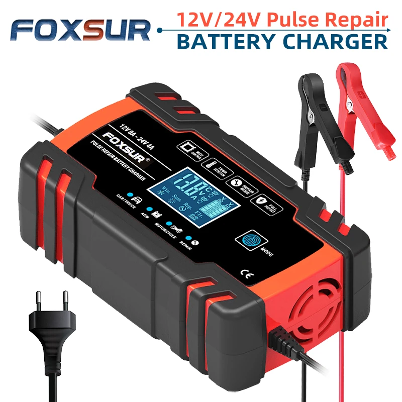 FOXSUR Pulse Repair Car Charger for 12V 4A / 24V 8A Truck Motocycle RVs AGM GEL Lead Acid Smart ...