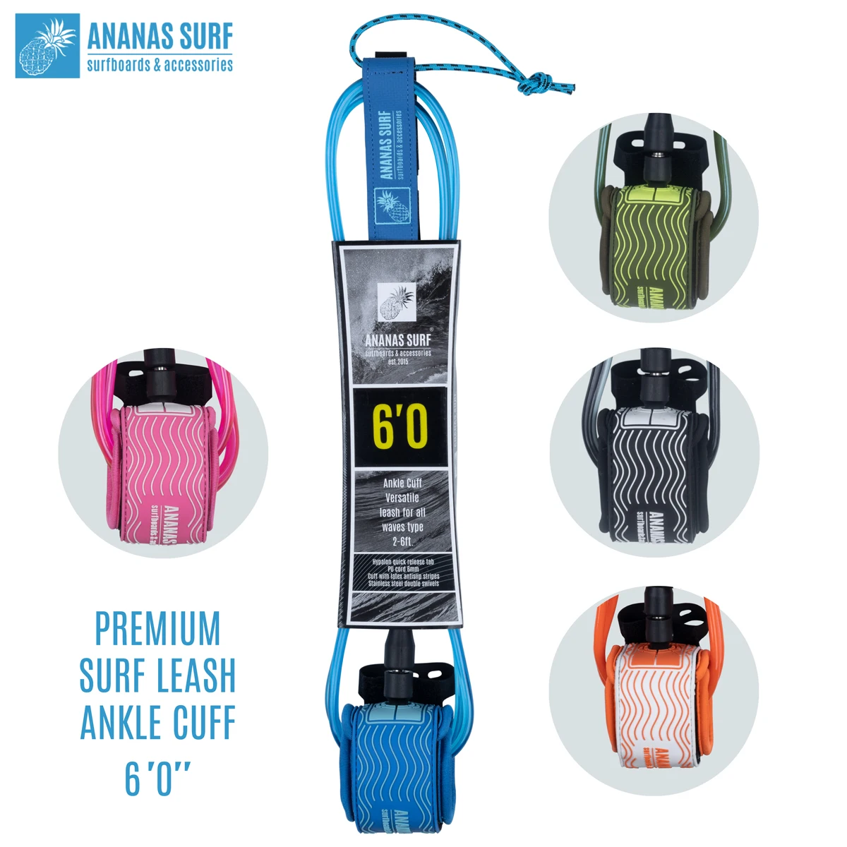 Ananas-Surf-Leash-6ft-6mm-Premium-Short-Surfboard-183-cm-Ankle-Cuff ...