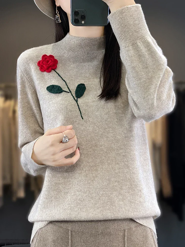 Hand-Embroidered-Cashmere-Sweater-Women-s-High-Neck-Knit-Top-Rose ...