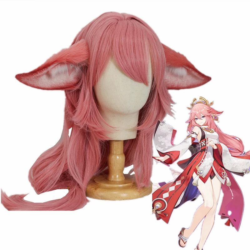 Genshin Impact Yae Miko Cosplay Wig Fox Ears Hairhoop Headwear Scalp ...