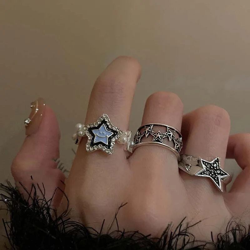 Gothic-Blue-Star-Rings-White-Crystal-Grunge-Open-Ring-Punk-Adjustable ...