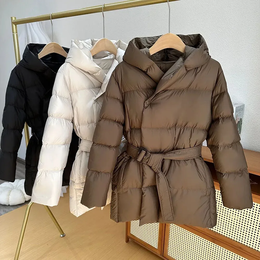 Winter Hooded Women's Down Jackets Ultra Light Warm Casual Lace-up Coat ...