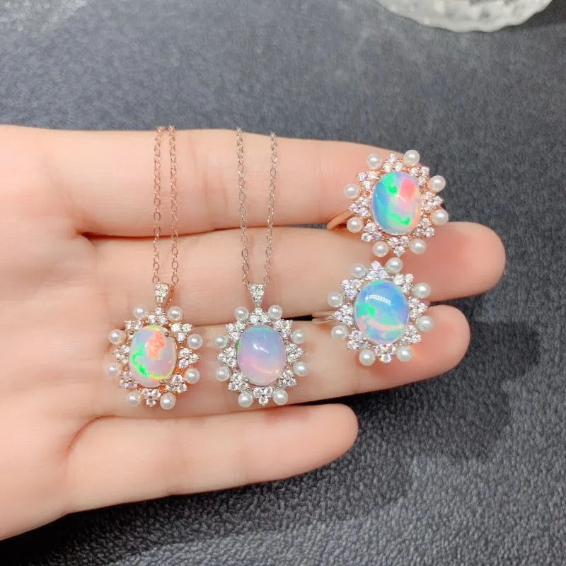 YULEM Hotsale Silver Opal Jewelry Set for Office Woman 100% Natural ...