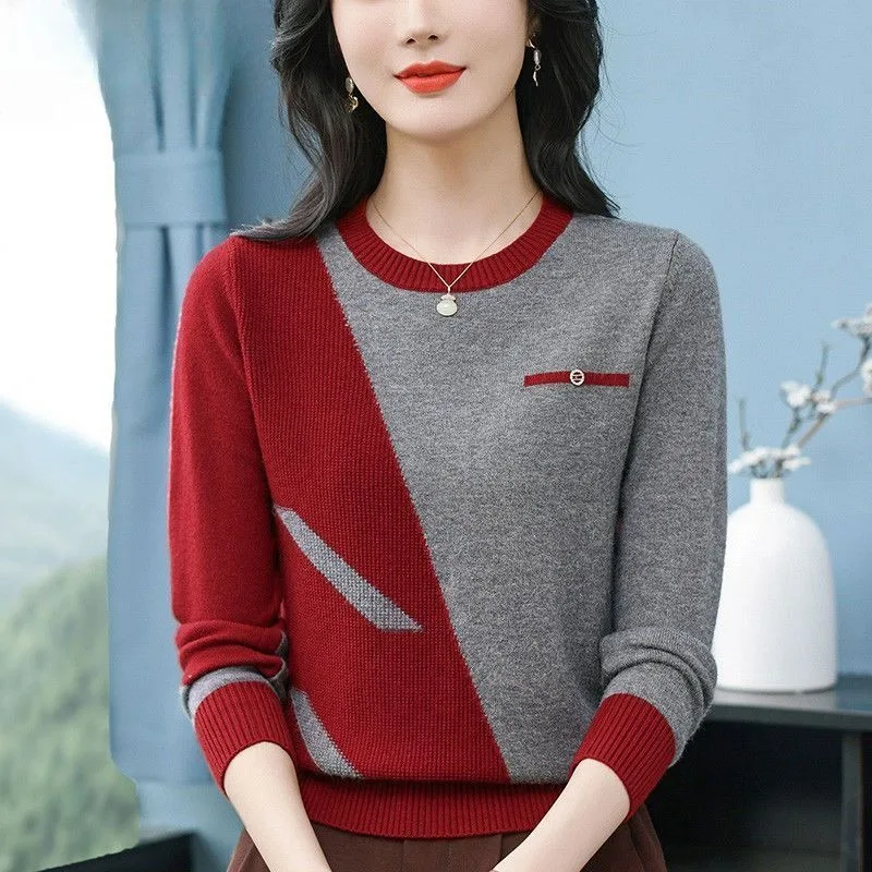 2025 New Color-blocking Round Neck Loose Slim Knitted Sweater for Women ...