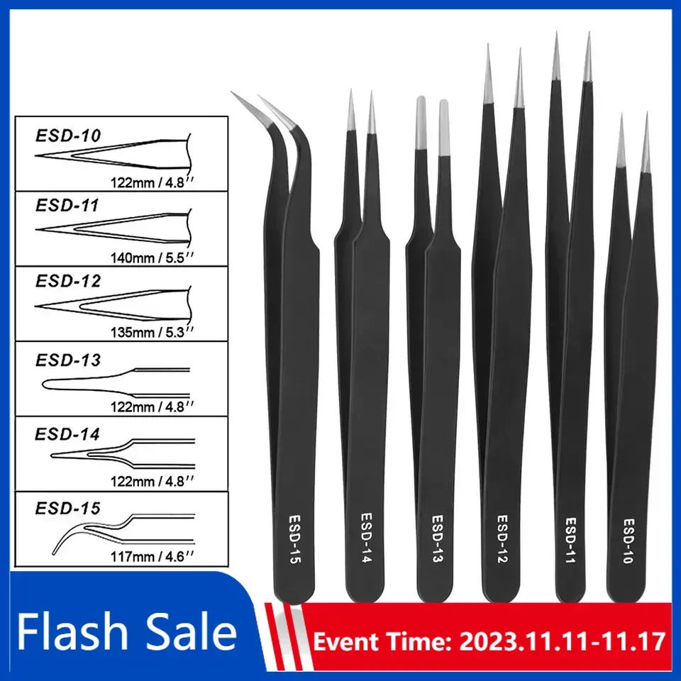 6 Pcs Precision Tweezers ESD Stainless Steel Antistatic Industrial ...