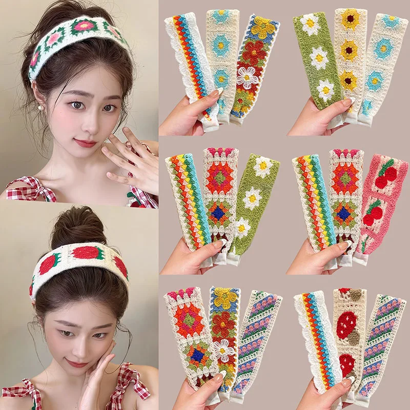 Knitting Colorful Flower Print Velcro Headband For Women Girls Sweet ...