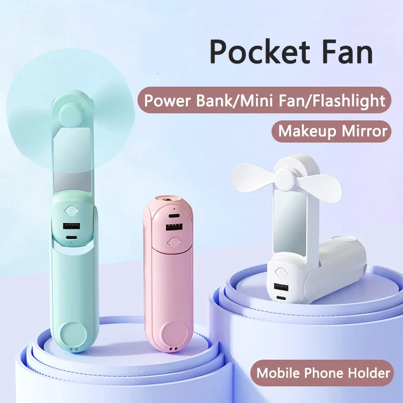 Mini Pocket Handheld Fan LED Flashlight Makeup Mirror Portable Charger ...