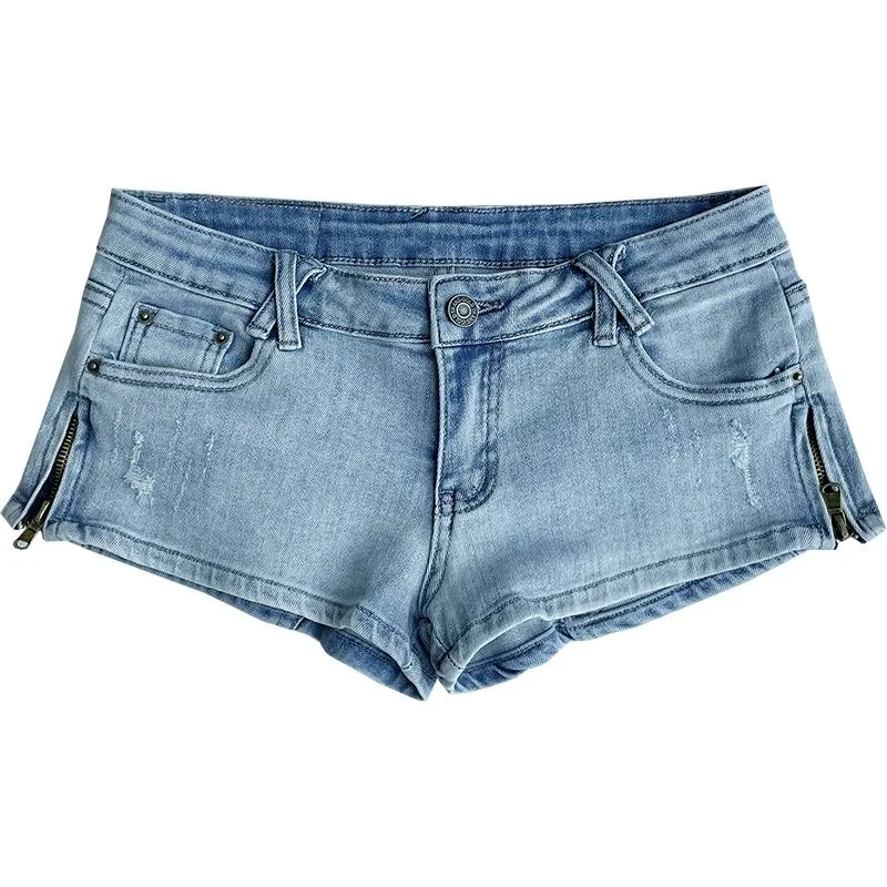 Short en jean taille Ultra basse pour femme, bleu clair, extensible ...