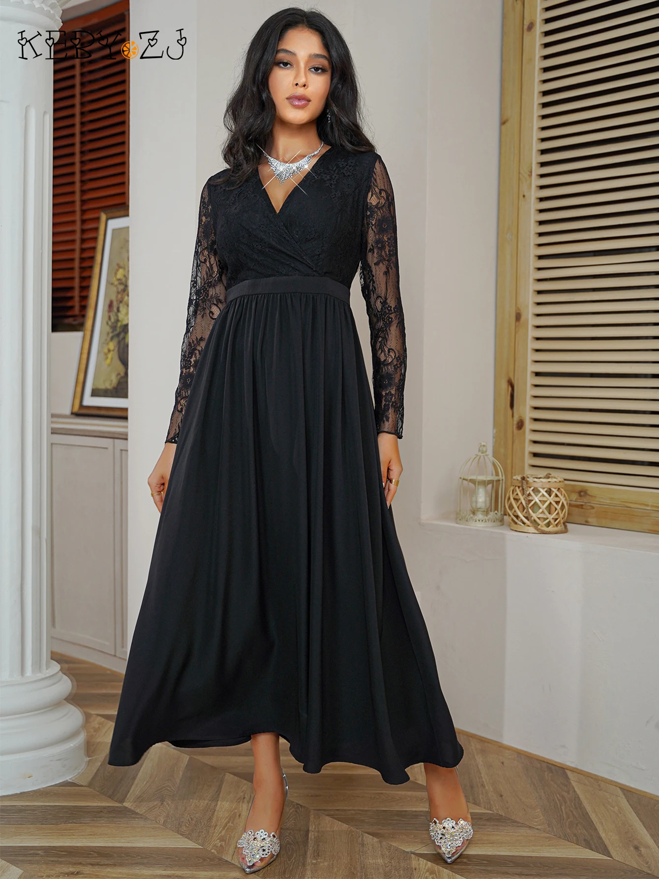 Elegant-Lace-Long-Dresses-for-Women-Black-Maxi-Dress-Long-Sleeve-V-Neck ...