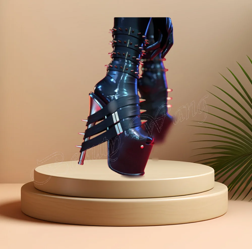 Black-Rivet-and-Band-Decor-Boots-New-Platform-Heels-Round-Toe-Spike ...