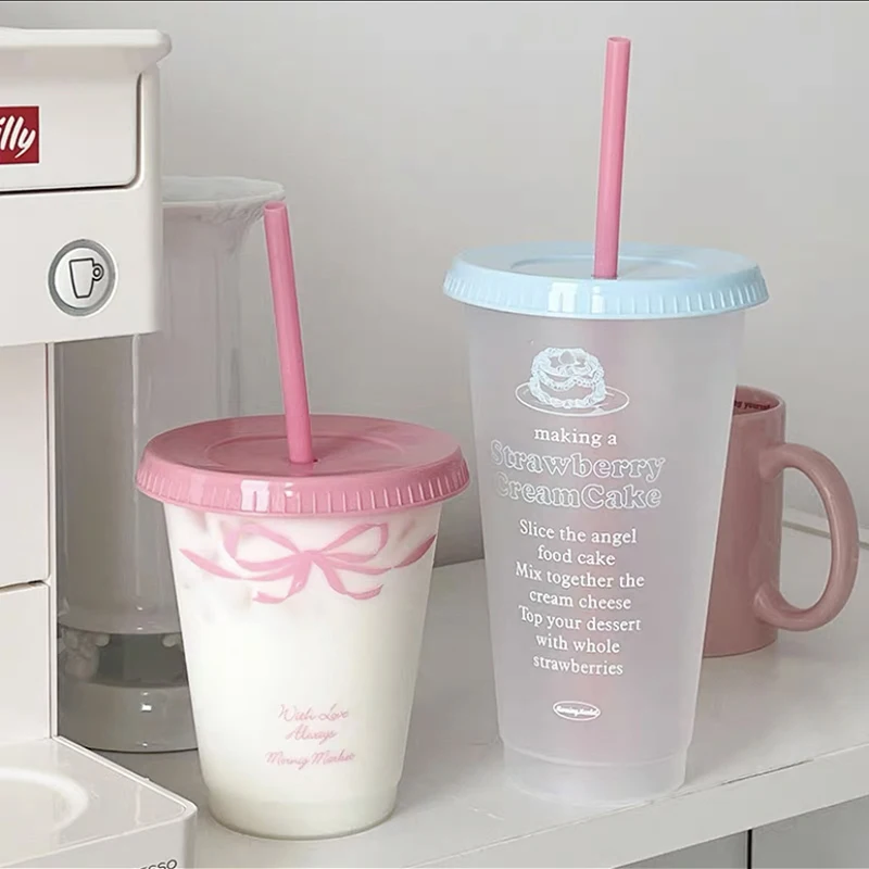 Kawaii Water Cup With Lid Straw For Coffee Juice Milk Tea Cute Plastic ...