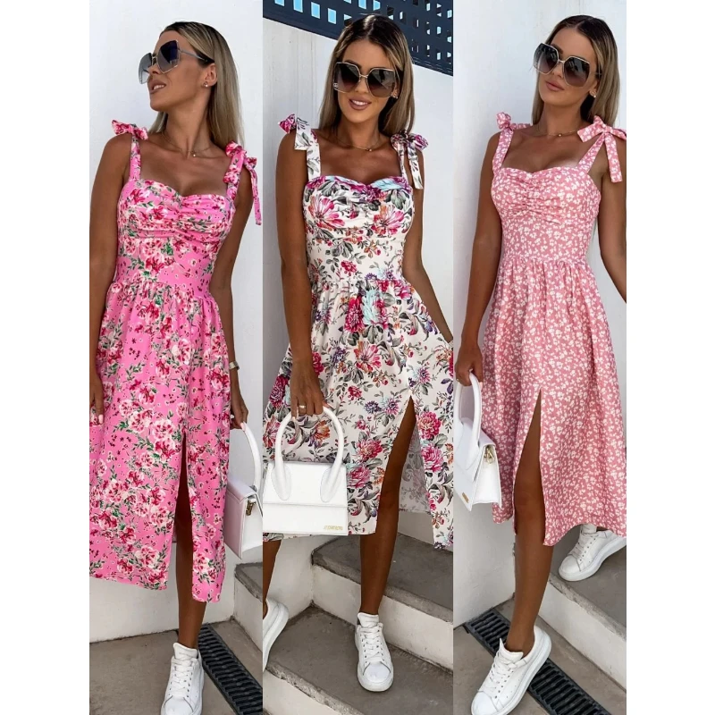 Women Side Slit Dress Summer Sexy Floral Print Sleeveless Strapless ...