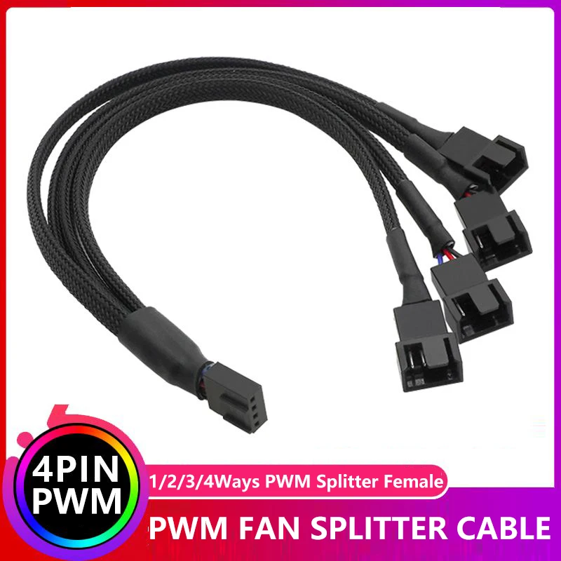 New 4 Pin Pwm Fan Cable 1 To 4/3/2/1 Ways Splitter Black Sleeved 27cm ...