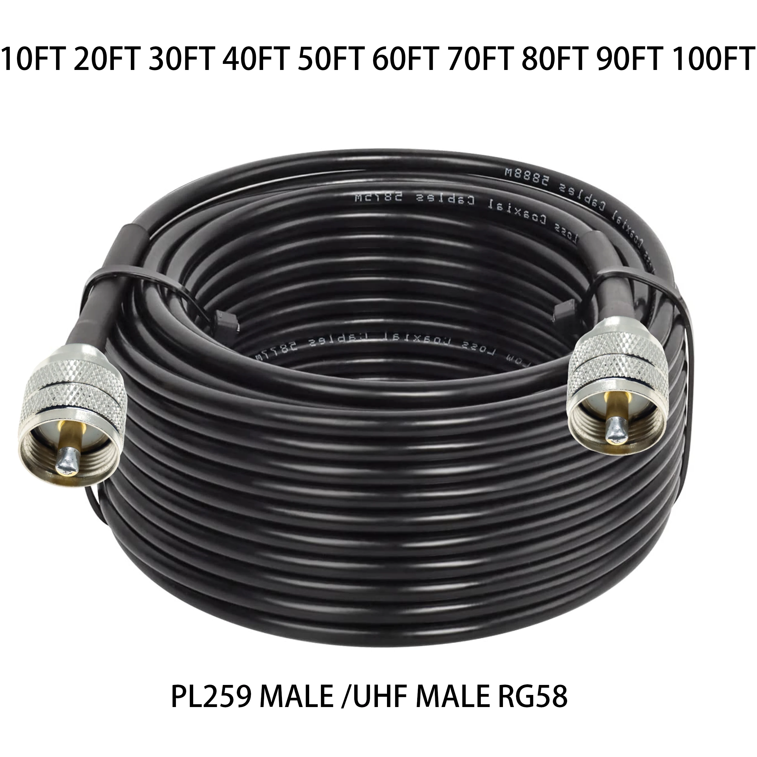 10ft-50ft-100feet-RG58-coax-coaxial-UHF-PL-259-connector-To-UHF-Male ...