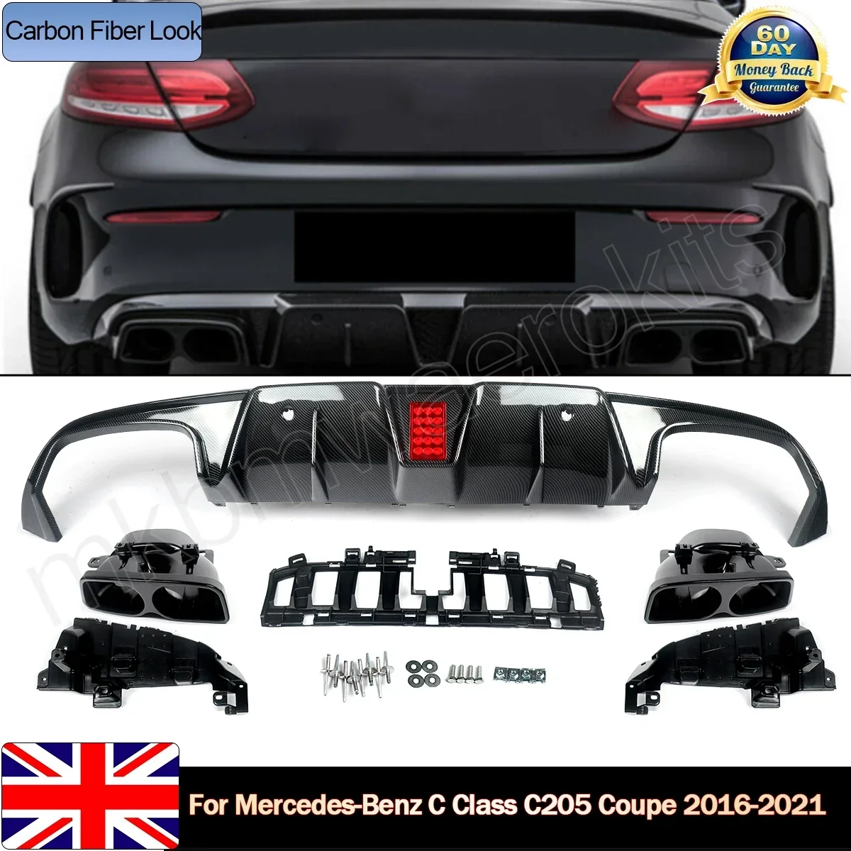 For-Mercedes-C205-AMG-Coupe-Carbon-Style-Real-Diffuser-Black-Muffler ...