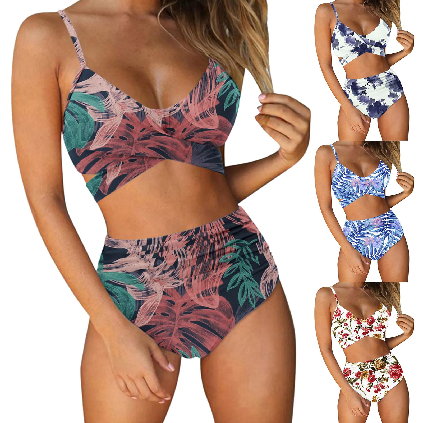 2023 High Waist Bikinis Folds Plus Size Swimsuit Push Up Swimwear Tie Dye Print Bathing Suit ...