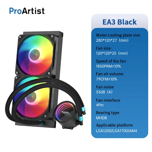 ProArtist 수냉 CPU 쿨러, 240 ARGB 액체 냉각 방열판, 120mm 팬 통합 라디에이터, LGA 1200 ...