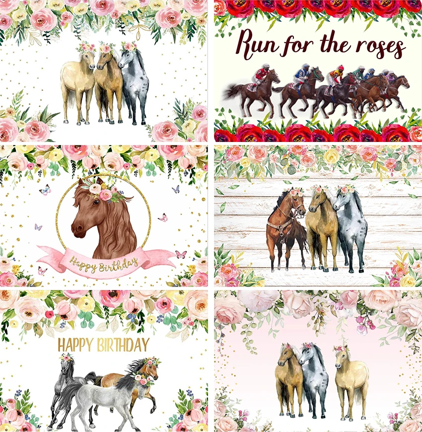 Fondo de cumpleaños de caballo, Fondo de fiesta de caballo, flores, vaquera occidental, caballo ...