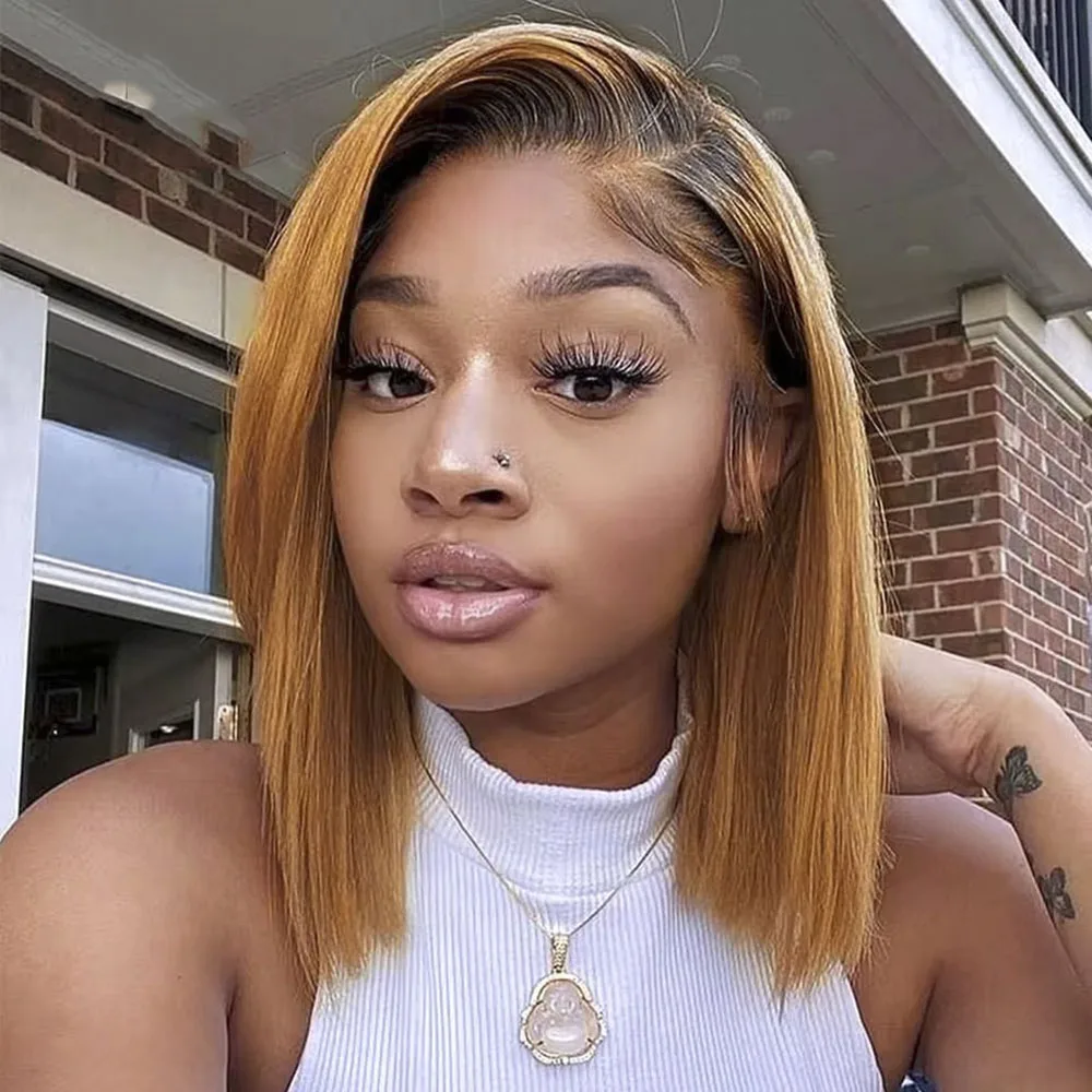 Curto em linha reta cabelo humano ombre loira barato curto bob peruca ...