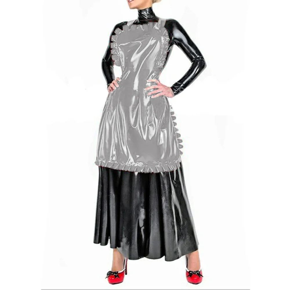 Maid-Cosplay-Black-Ankle-Length-Long-Dress-with-Apron-Maid-Suit-Glossy ...