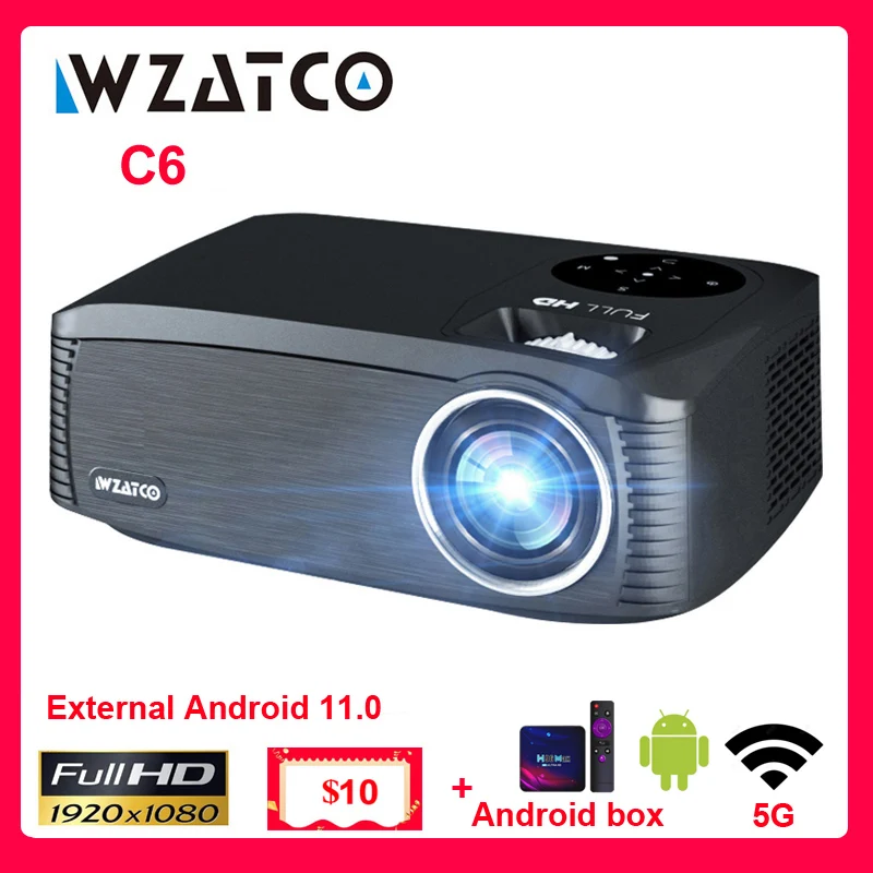WZATCO C6 Full HD LED Projector Beamer with Android box 11.0 WIFI 5G ...
