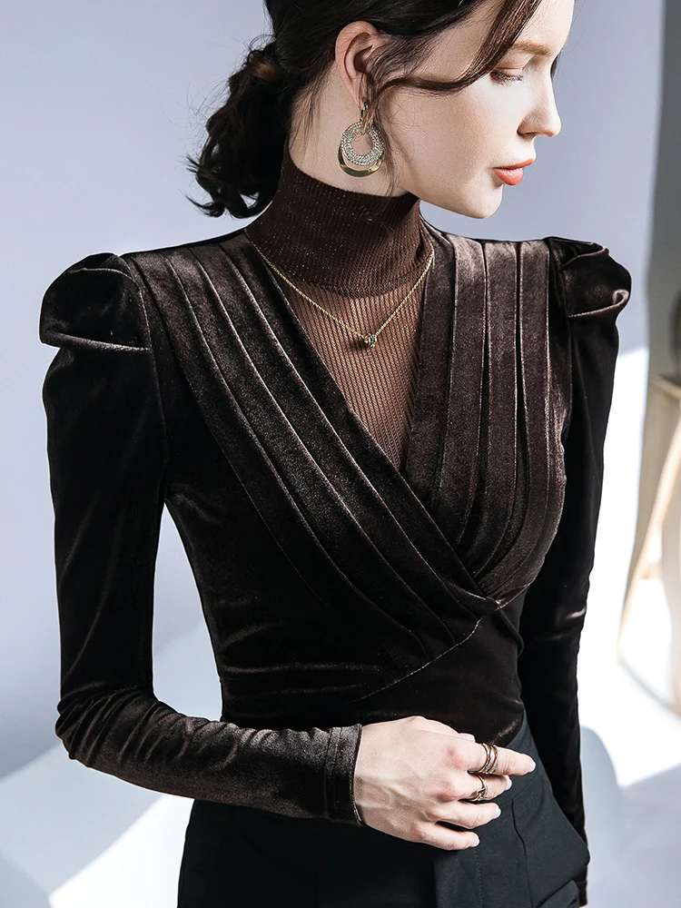 Bubble Sleeves Retro Gold Velvet High Collar T-shirt Undercoat Women's ...