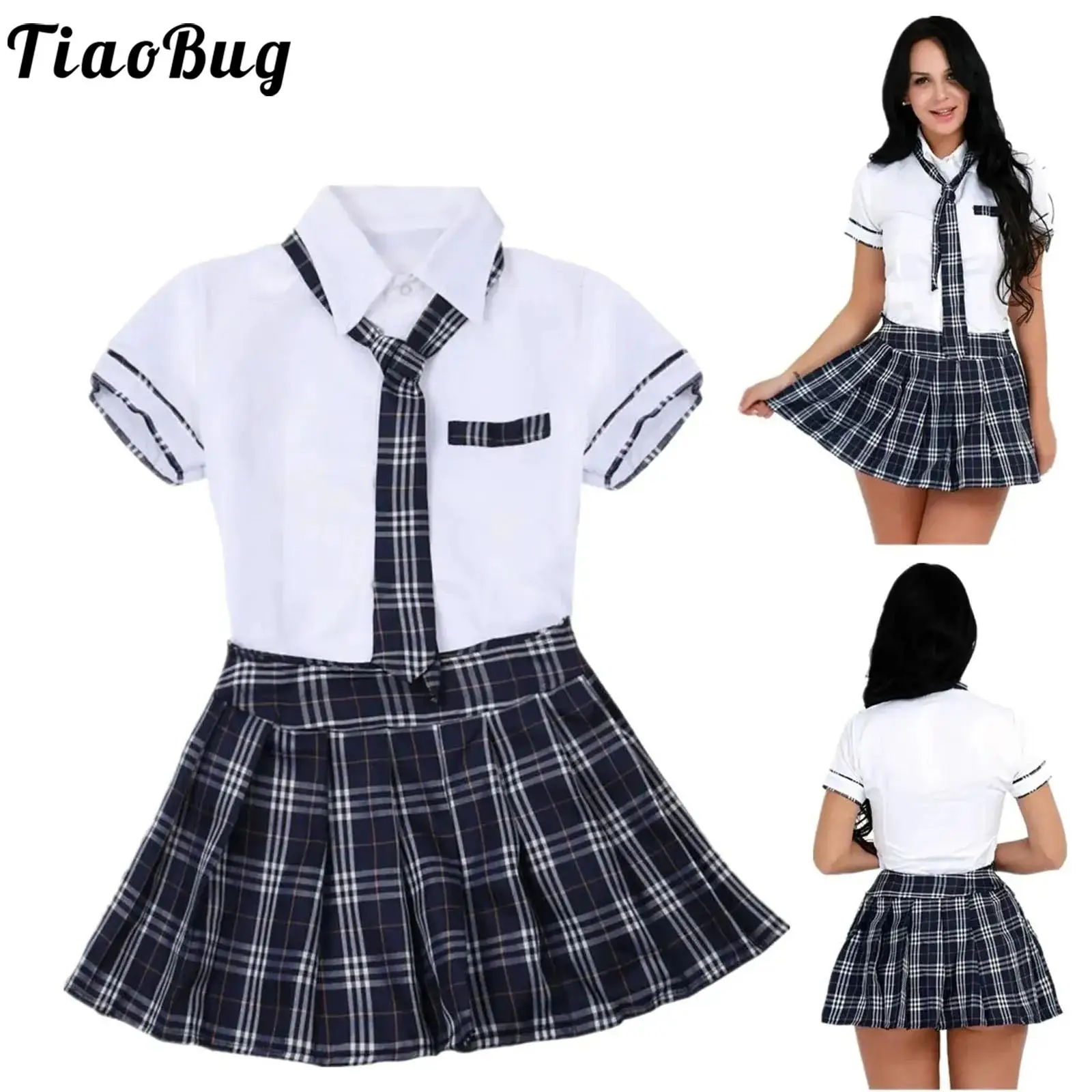 Womens-School-Uniform-Cosplay-Set-Short-Sleeve-Shirt-with-Tie-and-Plaid ...