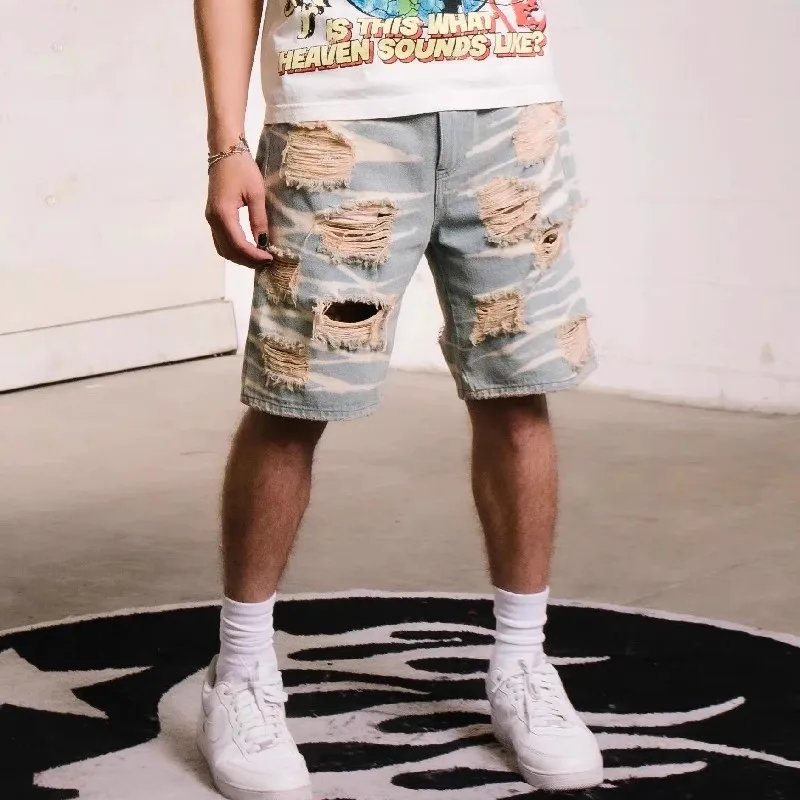 Hellstar Wash Hole Damage Denim Jeans Shorts Summer Men Women Hip Hop ...