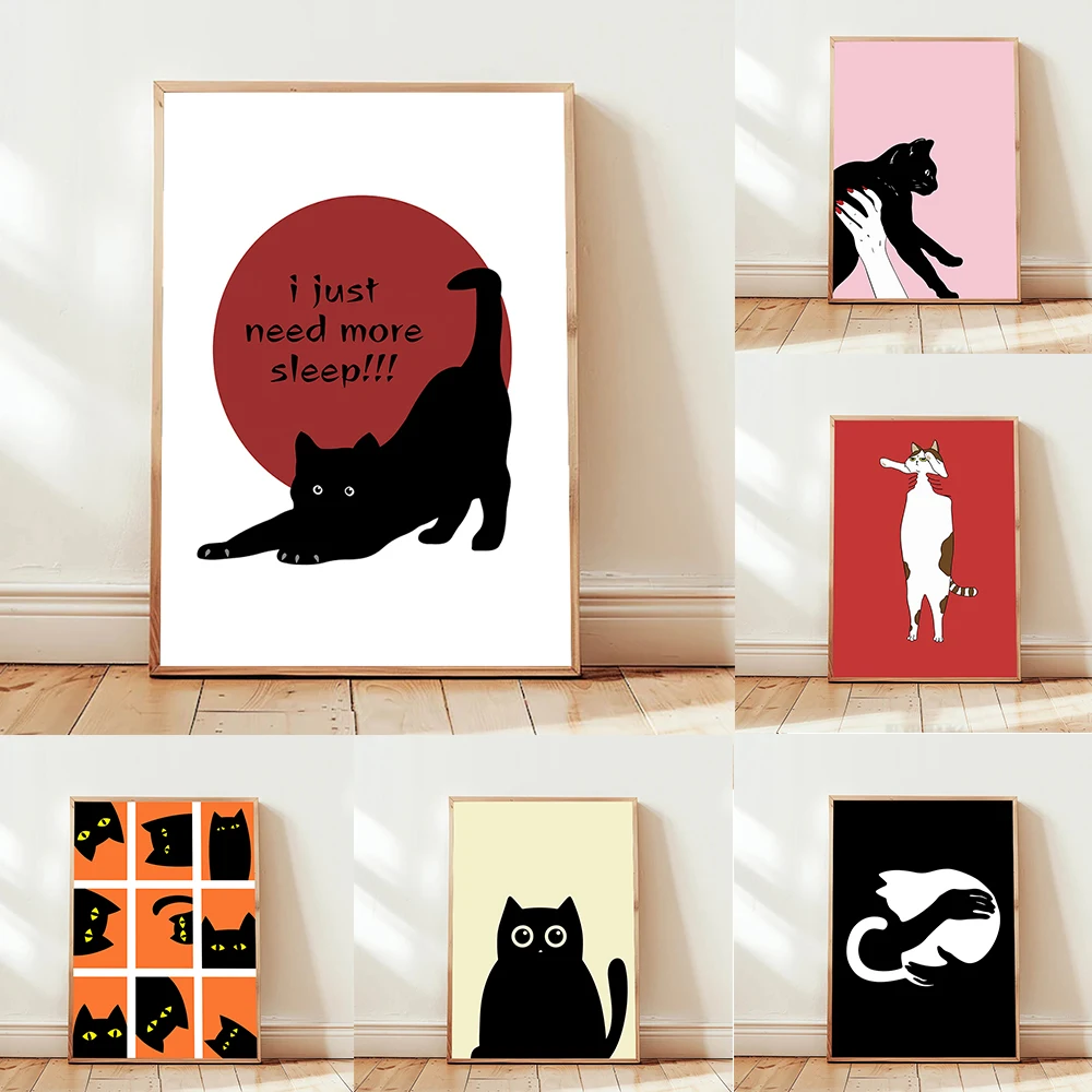 Black-Cat-Print-Poster-Funny-Wall-Art-Canvas-Posters-Simple-Style-Home ...