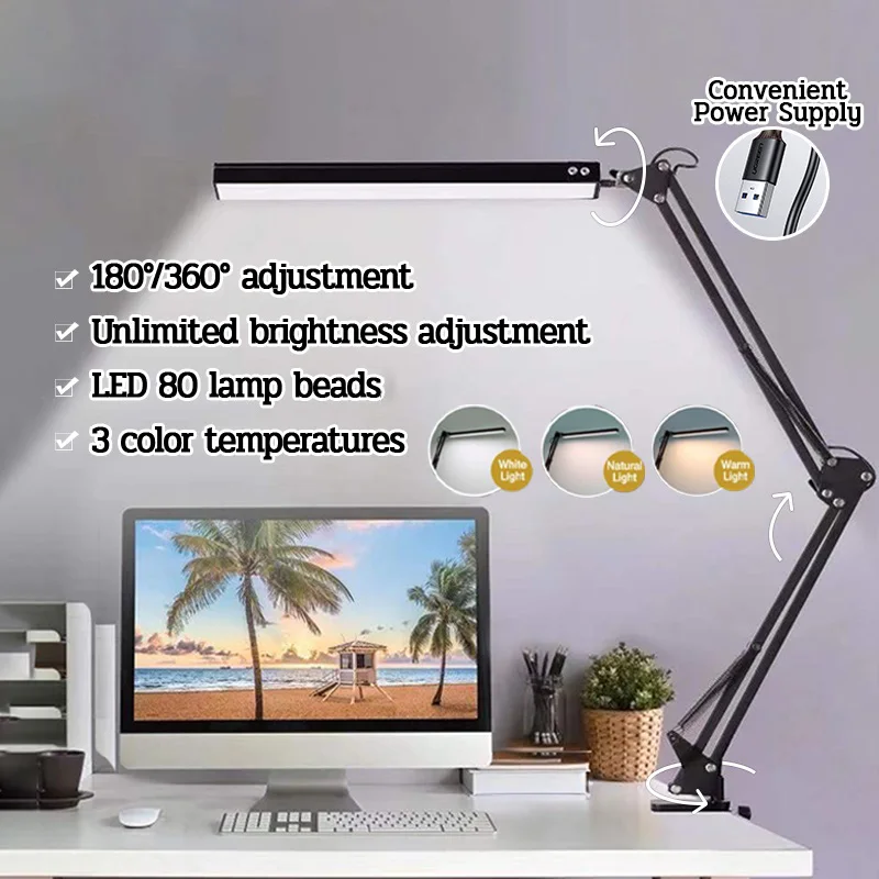 Swing Arm Lamp Led Desk Lamp With Clamp Eye-care Dimmable Light 3 Color ...
