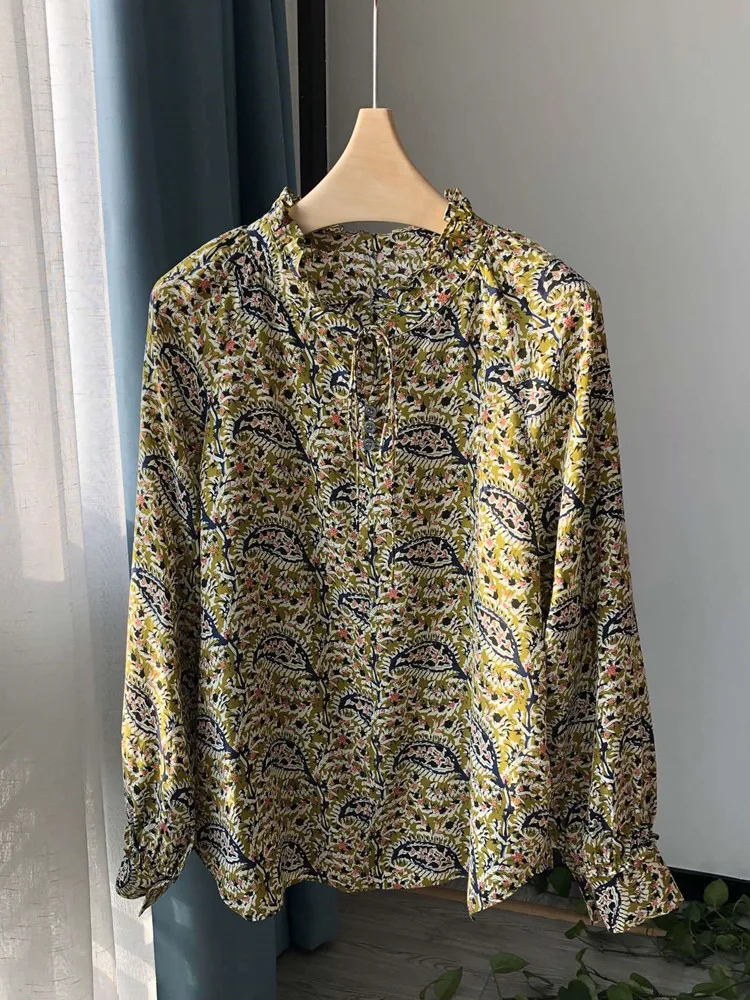 Paisley-Print-Women-Shirt-100-Silk-Stringy-Selvedge-V-neck-Lace-up ...