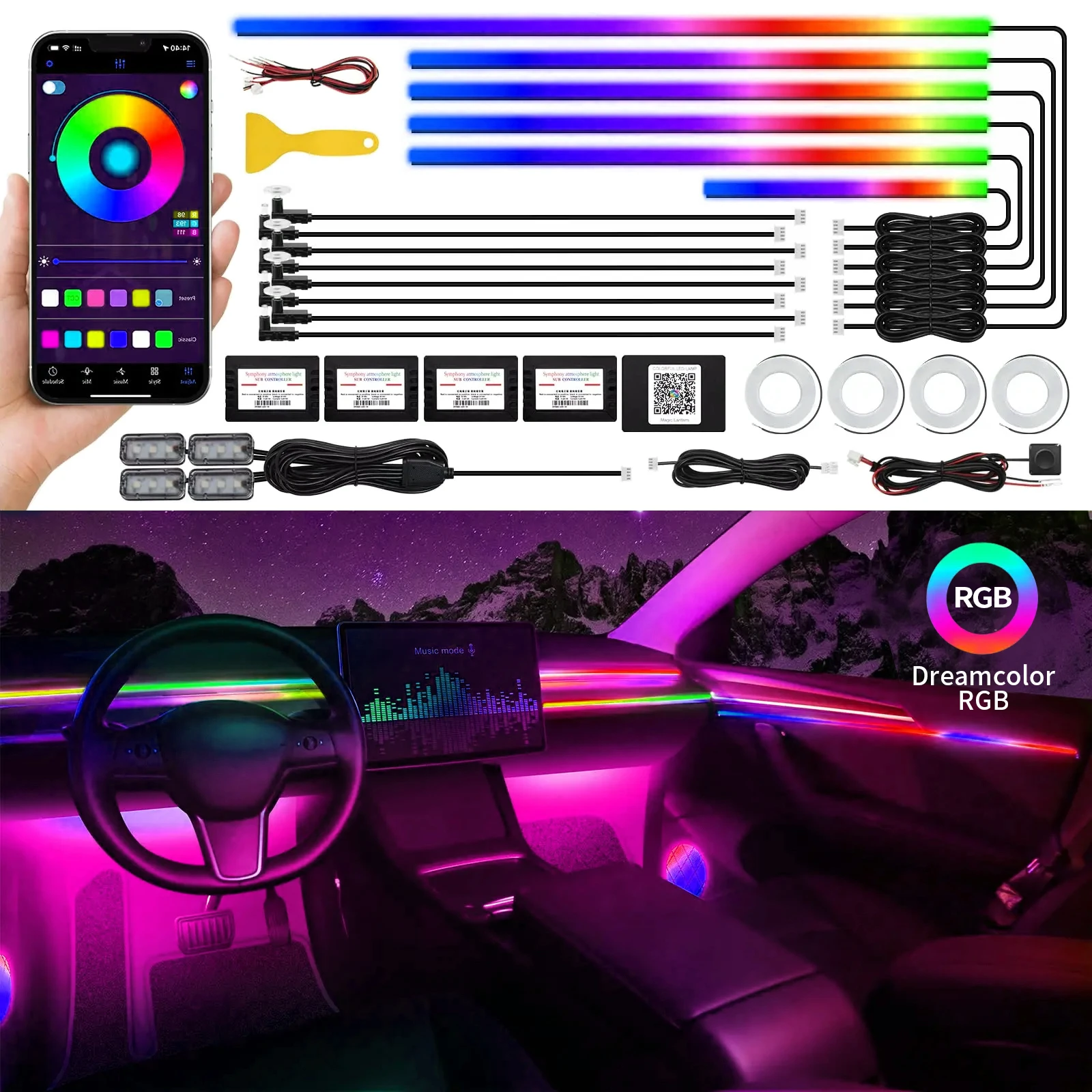 22-In-1-Full-Color-Streamer-Car-Ambient-Lights-RGB-64-Color-Universal ...