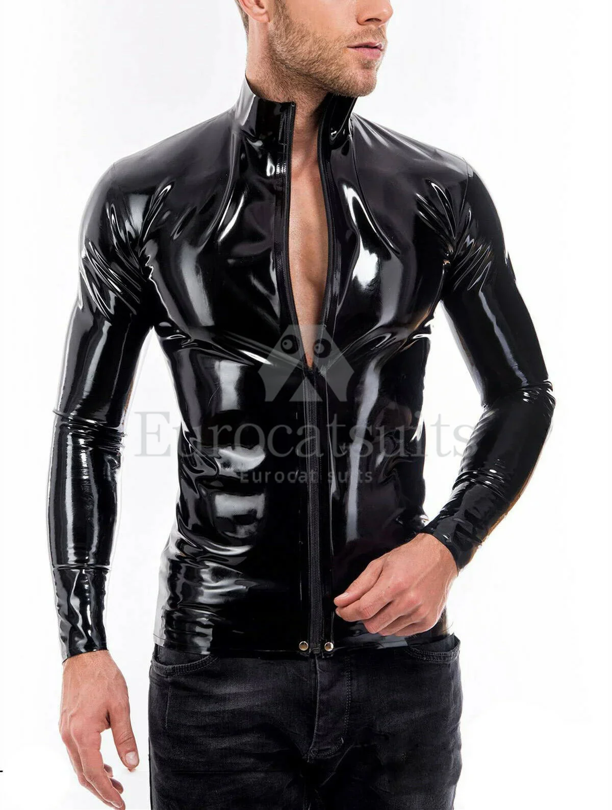 Handmade Black Natural Latex Men Long Sleeves T-Shirt Soft Clothes Sexy ...
