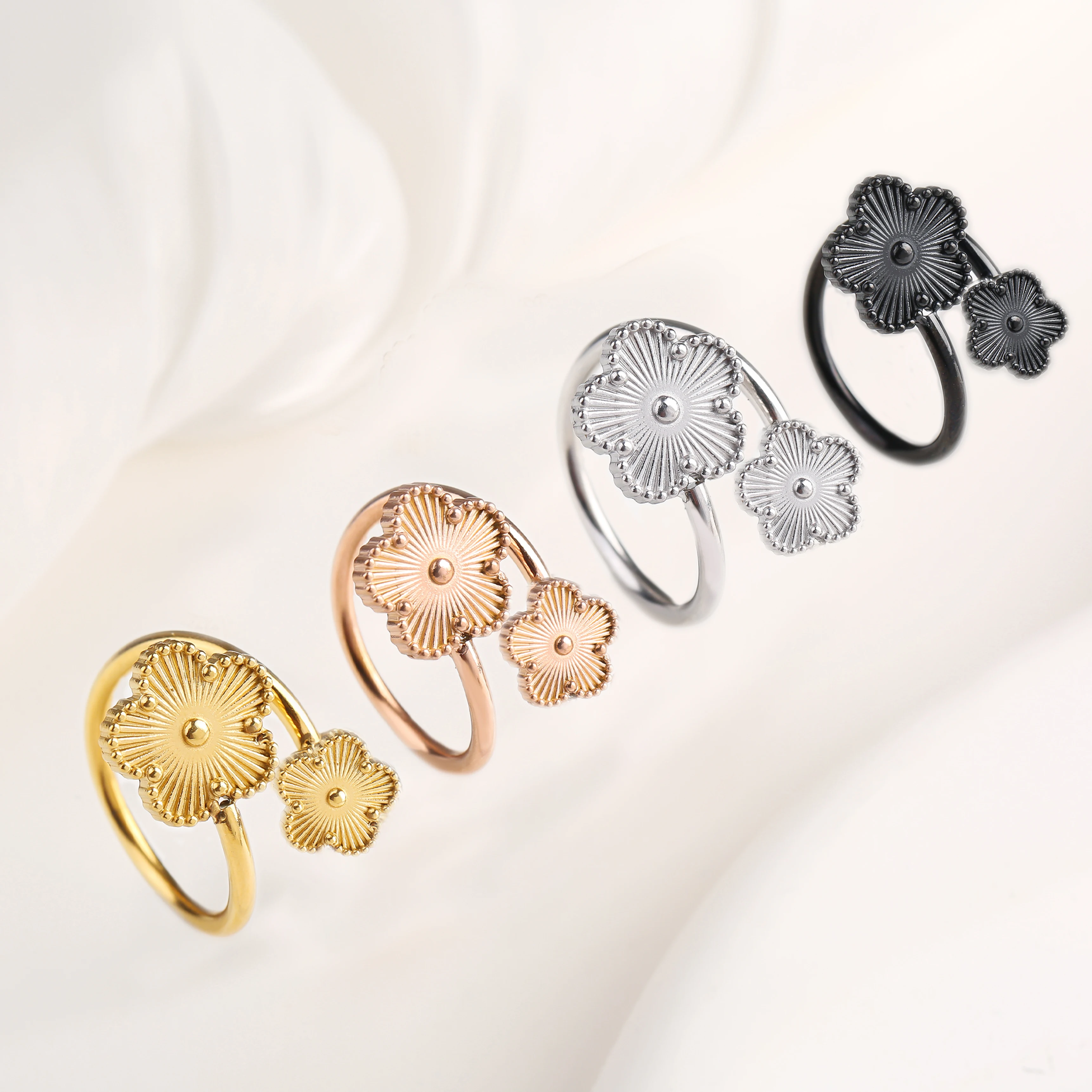 New Arrival Plant Five-Leaf Flower Stainless Steel Open Ring ...