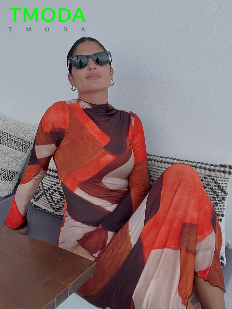 T MODA 여성용 프린트 미디 드레스, 빈티지 하이넥 긴팔, 세련된 외투, 여성 패션, 2022 가을| | - AliExpress