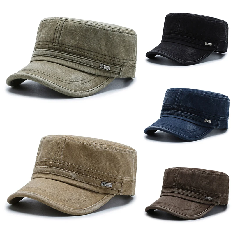 Military-Cap-Mens-Retro-Cap-Washed-Cotton-Cap-Flat-Cap-Neutral-Hat ...