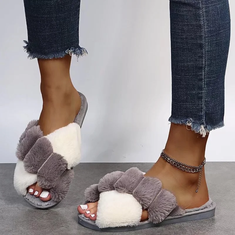 Women-Winter-House-Furry-Slippers-Fluffy-Faux-Fur-Home-Slides-Flat ...