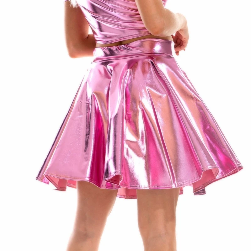 Classic-Sexy-Women-Shiny-Pleated-Skirt-Solid-Color-Laser-High-Waist ...