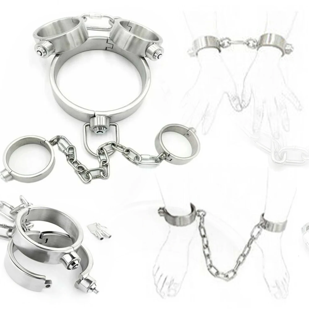 Heavy Stainless Steel Press Lock Wrist Handcuffs Ankle Cuffs Collar Choker Shackles BDSM ...
