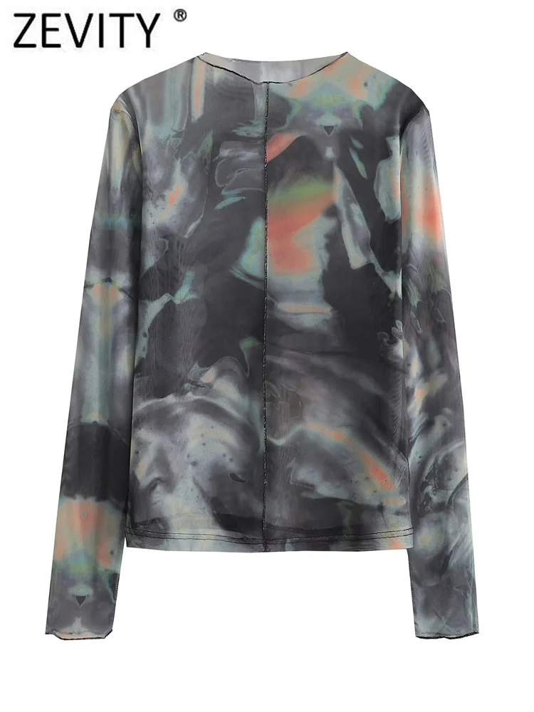 Zevity 여성용 섹시한 투명 잉크 페인팅 꽃 프린트 메쉬 작업복 블라우스, O넥 캐주얼 셔츠, 시크한 상의, LS3516 ...