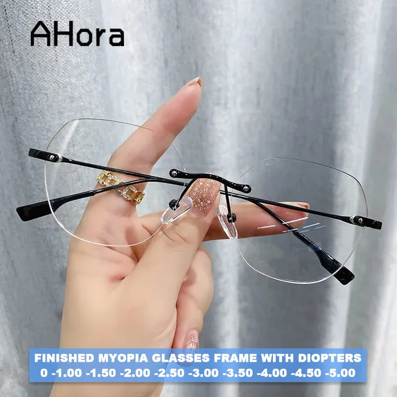 New-Polygon-Rimless-Finished-Myopia-Eyeglasses-Frame-Women-Oversized ...