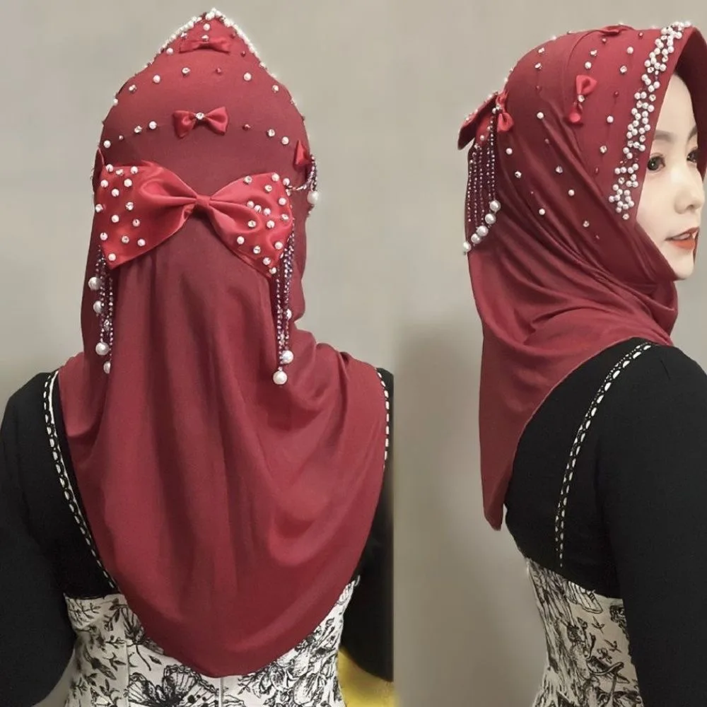 2023 Pearls Bow Decor Moslem Sweet Girls Shawls Hijab Wraps