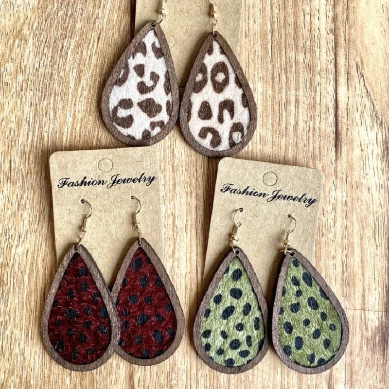 Western-Leopard-Wood-Water-Drop-Leather-Earrings-Vintage-Wood-and-Cork ...