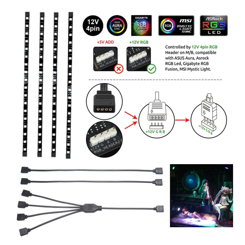 4PCS Computer RGB PC Case LED Strip Lights for Motherboard 12V 4Pin ...