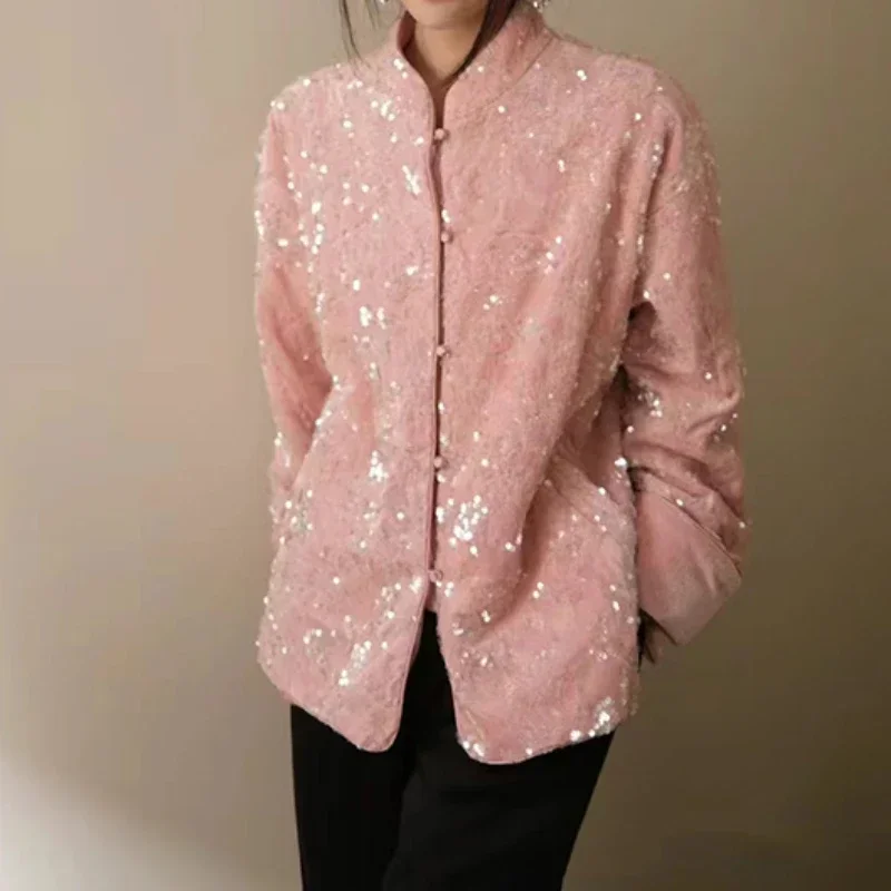 Women 2024 Autumn and Winter White Pink Sequined Glittering Mid ...