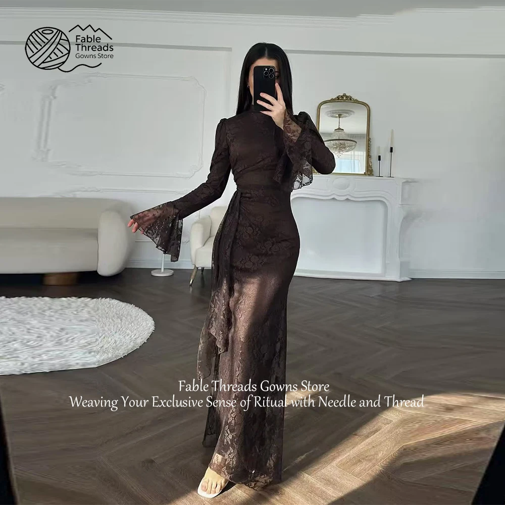 FableT Elegant Brown Lace Maxi Dress High Neck Long Flared Sleeve ...