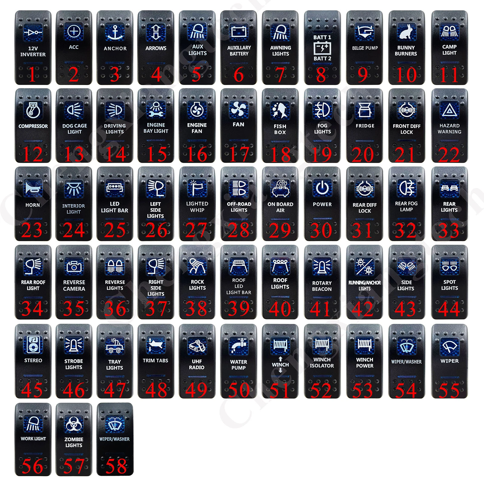 10x Blue Printed Switch Caps + 1 Cap Removal Tool For 12v 5pin On Off ...