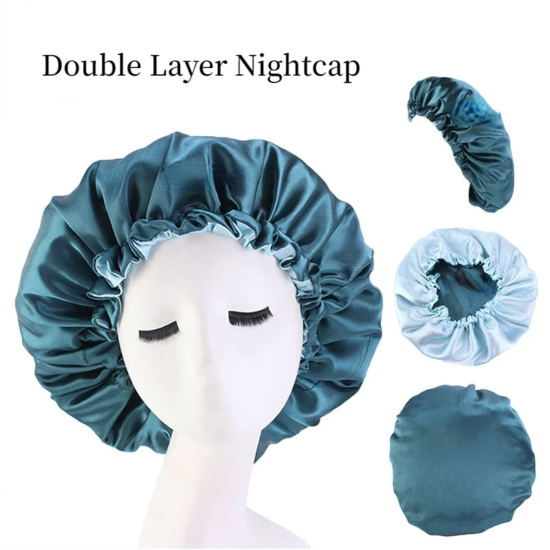 Adjustable-Nightcap-Double-Layer-Satin-Bonnet-Curly-Elastic-Hair-Cap ...
